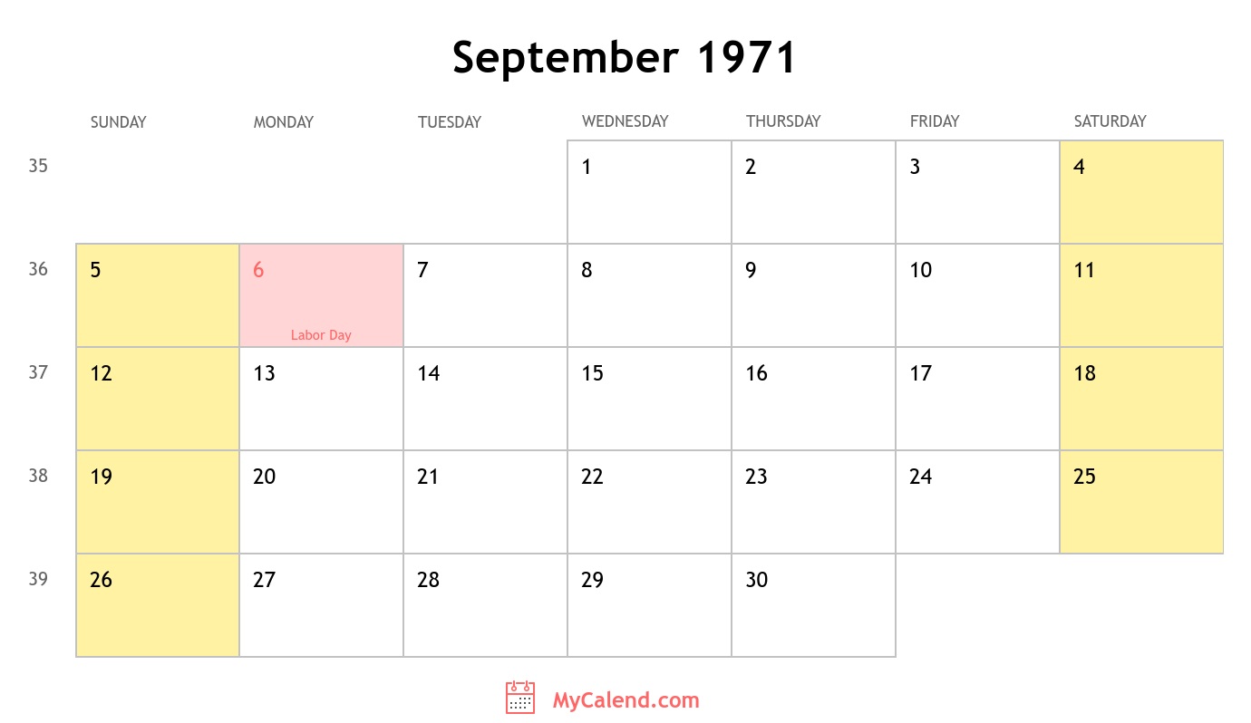 September 1971 Calendar With Holidays Monthly Printable Calendar