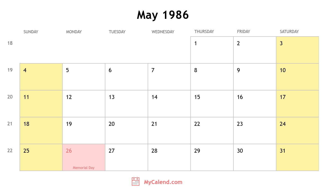 May 1986 Calendar With Holidays Monthly Printable Calendar May 1986 Calendar With Holidays Monthly Printable Calendar