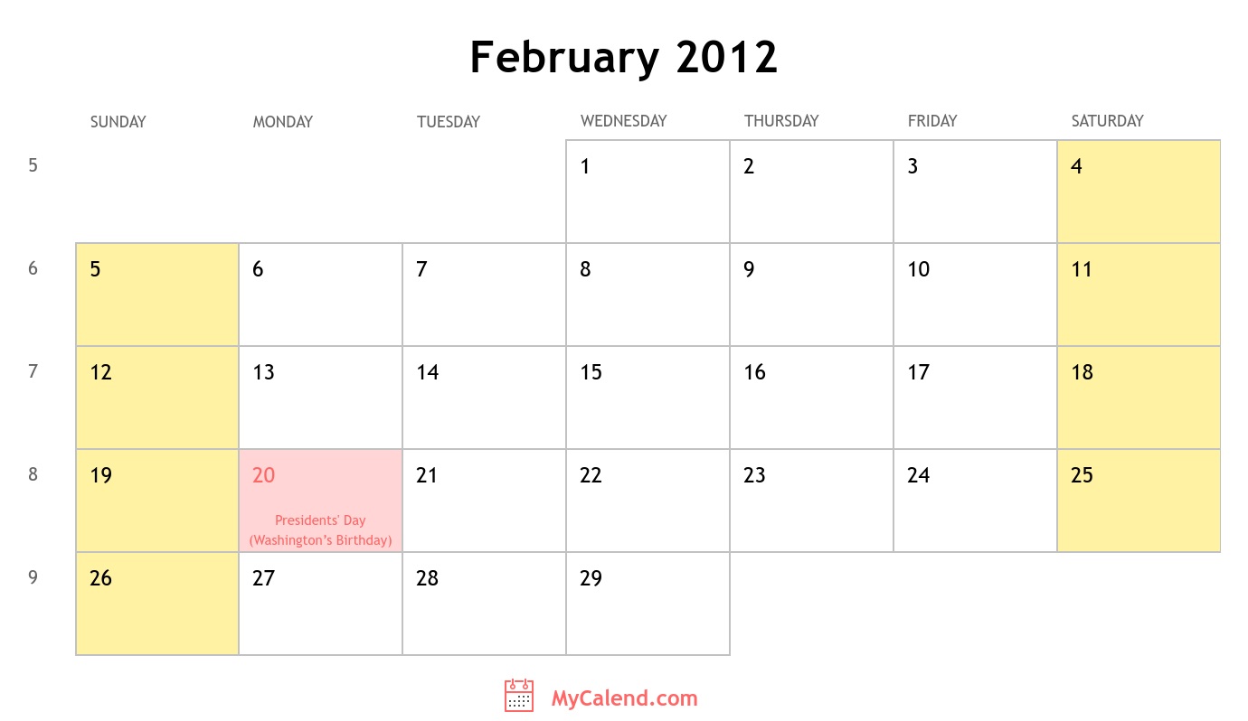 February 2012 Calendar With Holidays Monthly Printable Calendar February 2012 Calendar With Holidays Monthly Printable Calendar