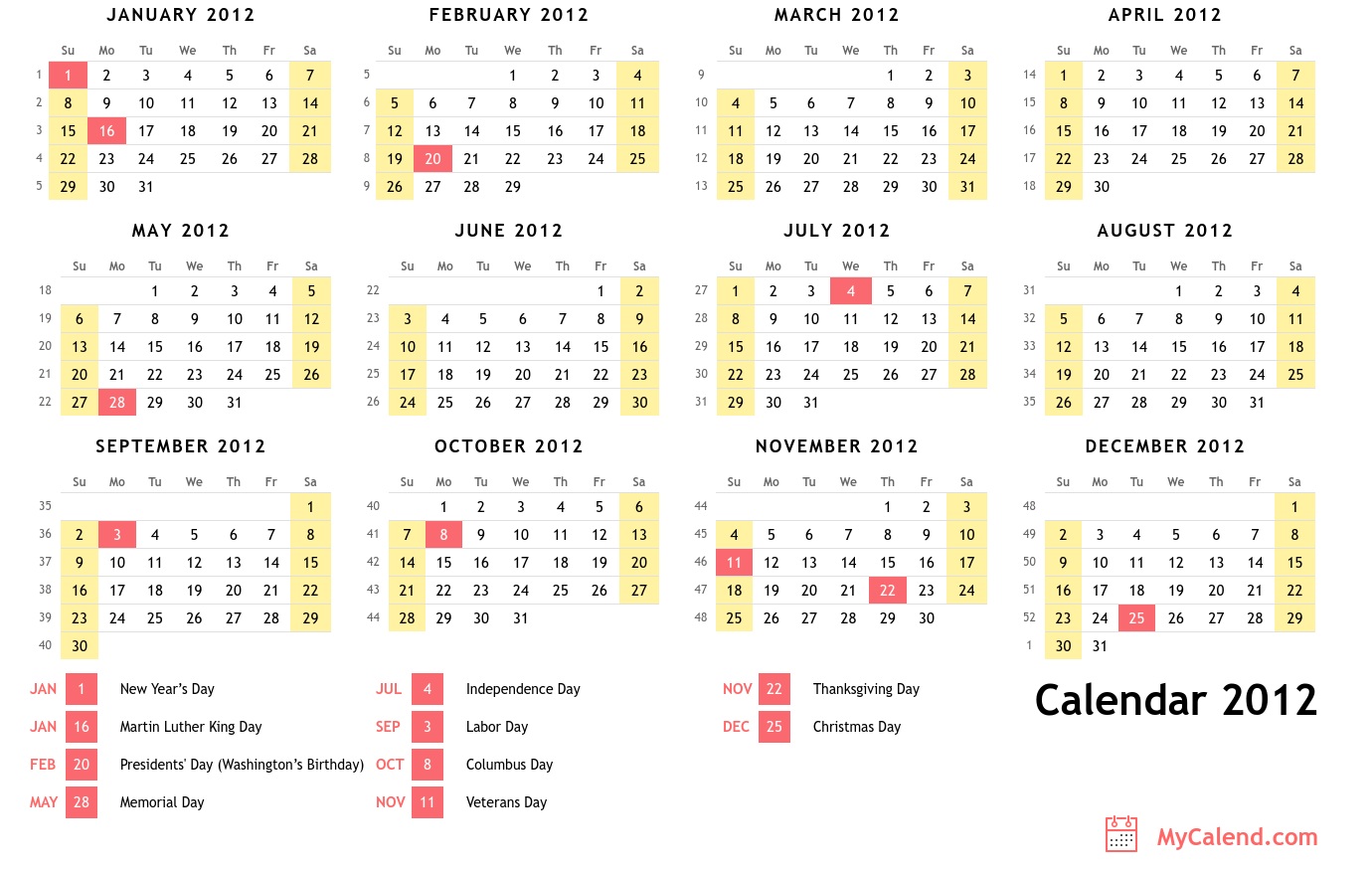 2012 Calendar With Holidays Free Printable Calendar 2012 Calendar With Holidays Free Printable Calendar